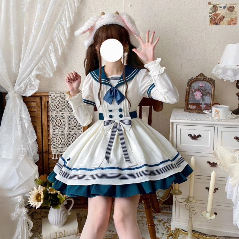 Kawaii Blue Sailor Collar Lolita OP Dress - Kawaii Fashion Shop | Cute Asian Japanese Harajuku ...